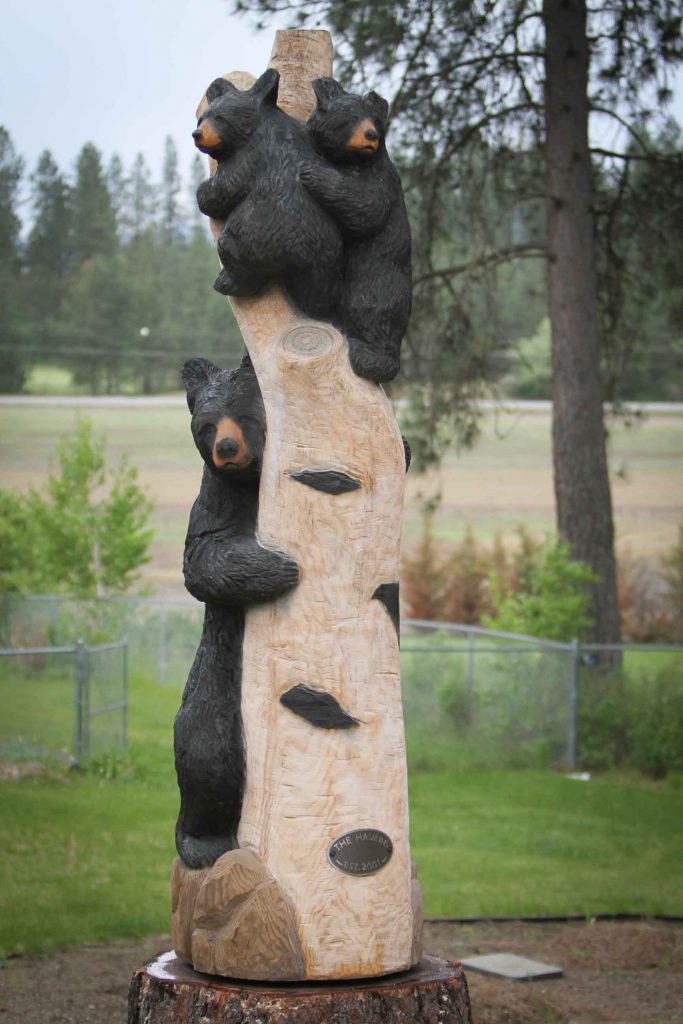 Jeff May Art / Carved Black Bears Climbing On Birch Tree