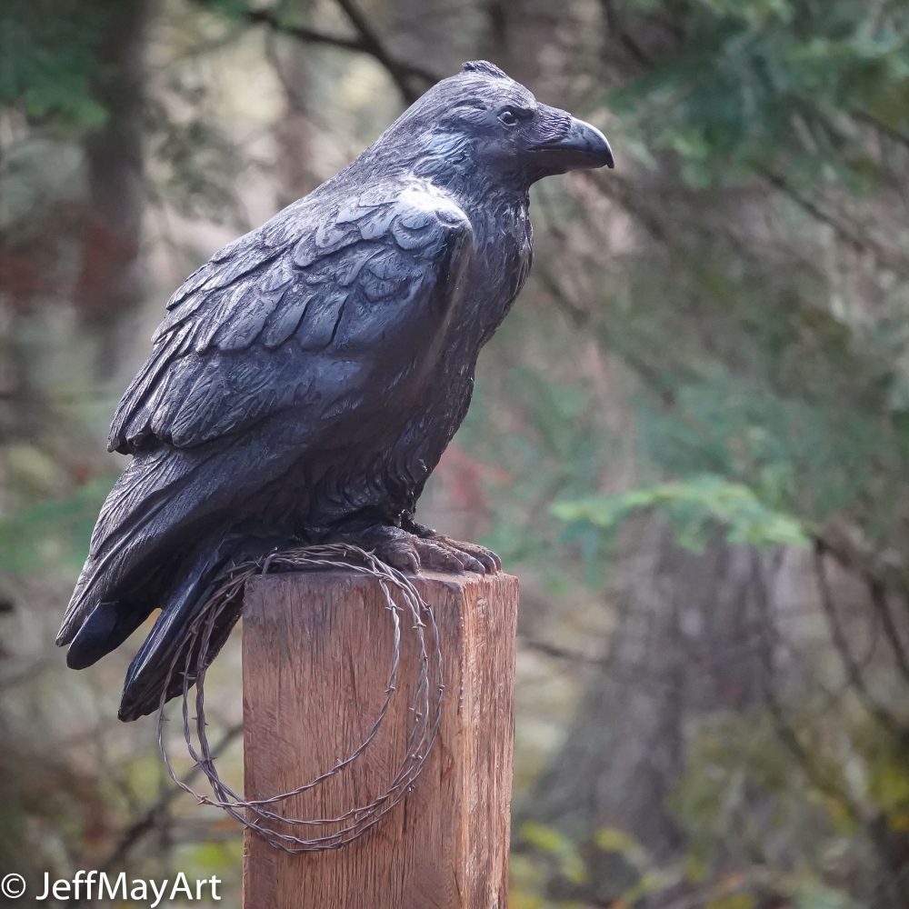 Jeff May Art / Carved Raven On Fence
